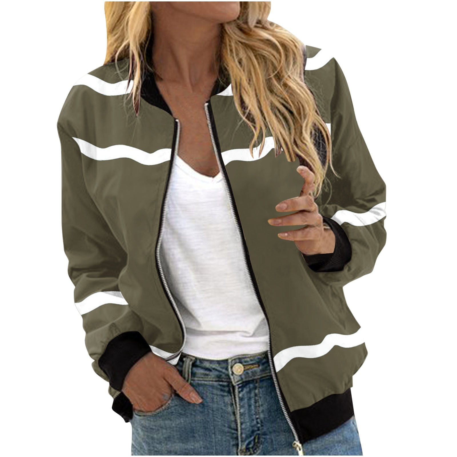 Bomber Lightweight Jackets Zip Up Casual Spring Fall Coat Jacket Womens ...