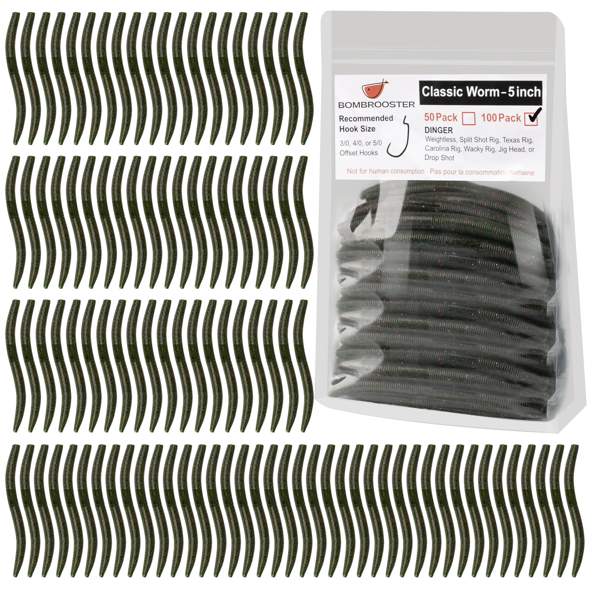 Bombrooster Classic Worm - 50/100 Pack All-Purpose Soft Plastic Bass ...