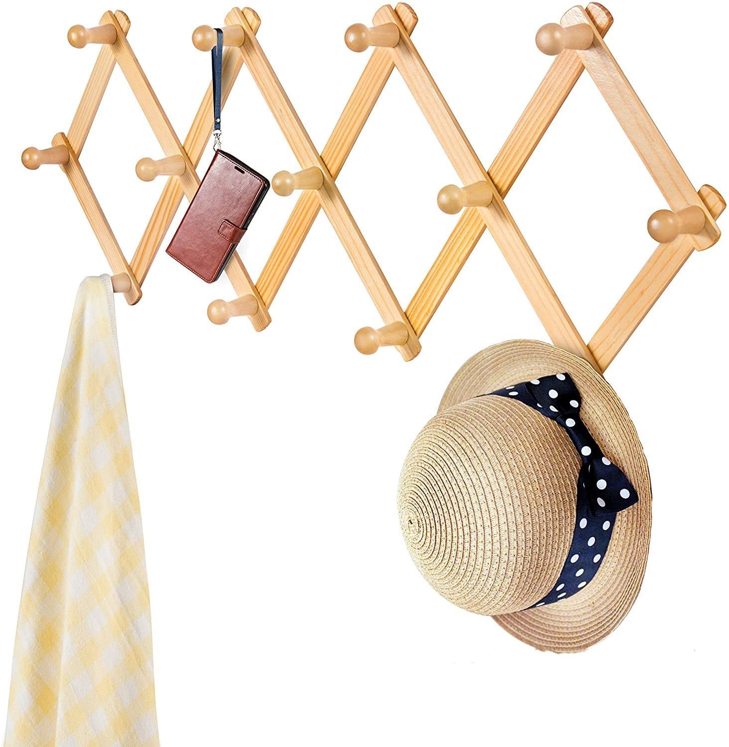 Trianu Wooden Hook Organizer, Accordion Style Expandable Coat Rack, 13 ...