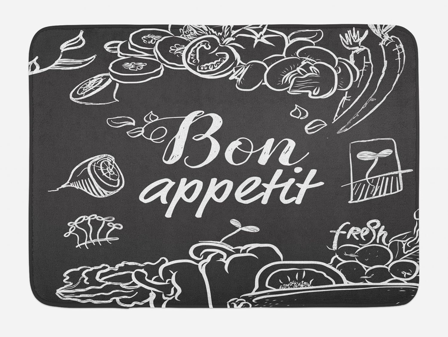 Bon Appetit Bath Mat, Chalk Sketch on Dark Toned Background Hand Drawn ...