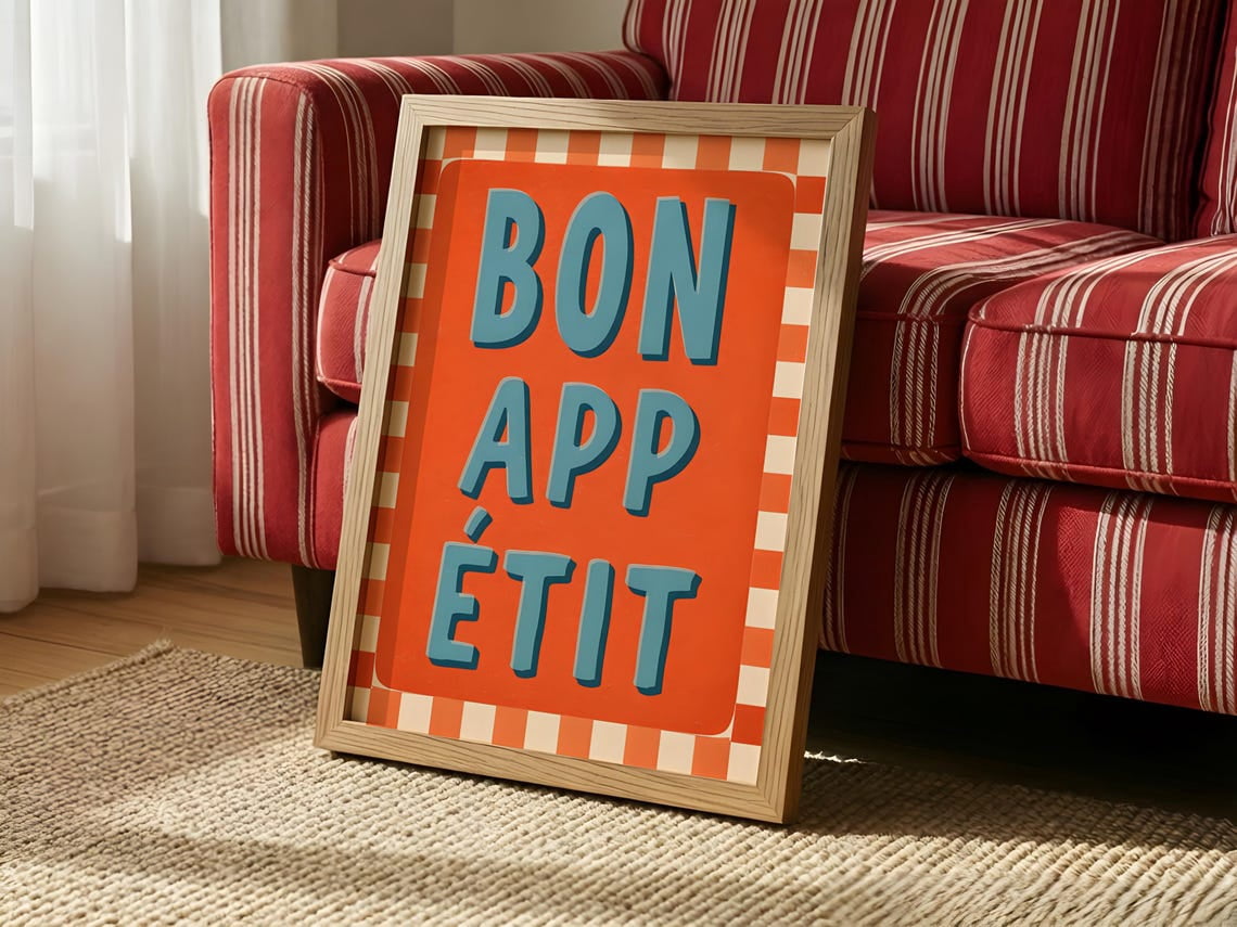 Bon Appetit Checkerboard Kitchen Red Blue Retro Funky Dining Room Decor ...