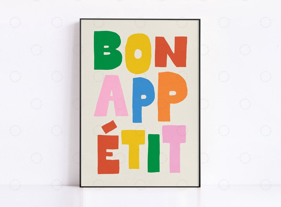 Bon Appetit Colorful Kitchen Slogan Wall Art, Unframed Paper Poster ...