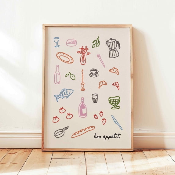 Bon Appetit Dinner Party Poster French Food Sketch Art Preppy Kitchen ...