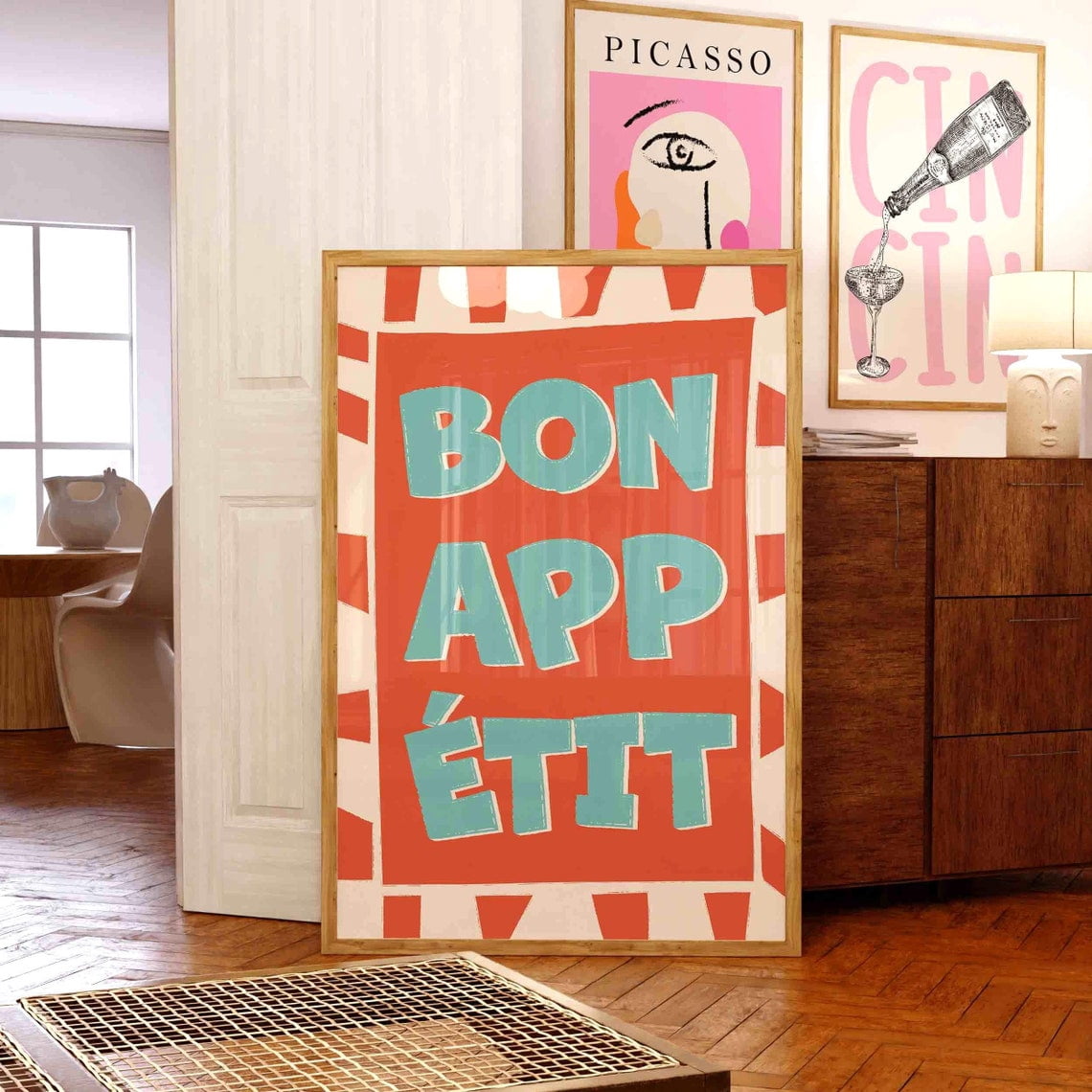 Bon Appetit Kitchen Poster with Mid Century Colorful Decor Unframed ...