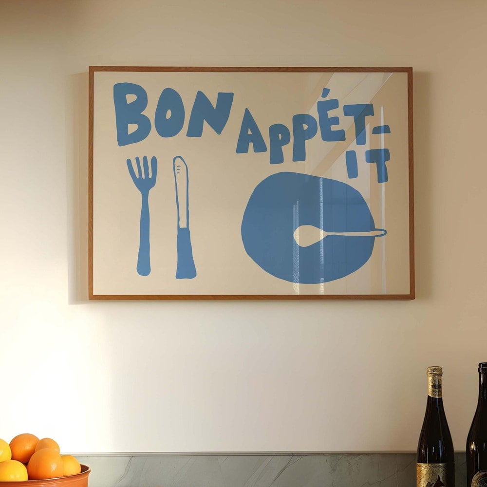 Bon Appetit Kitchen Print: Blue French Dining Room Decor UNFRAMED PAPER ...