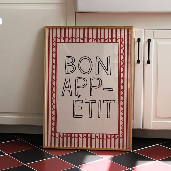 Bon Appetit Kitchen Print Red Stripe Typography Wall Art Dining Room ...