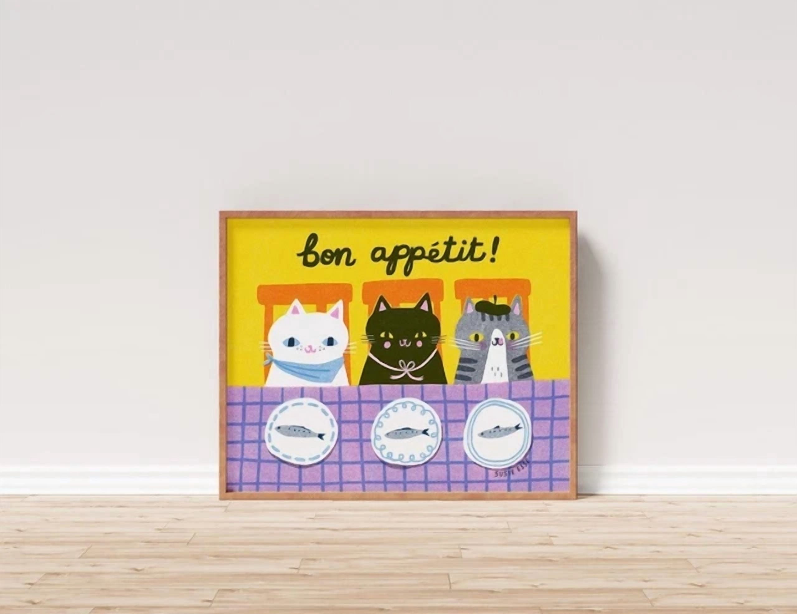 Bon Appetit Kittens With Fish Kitchen Dining Poster Funny Cat Poster ...