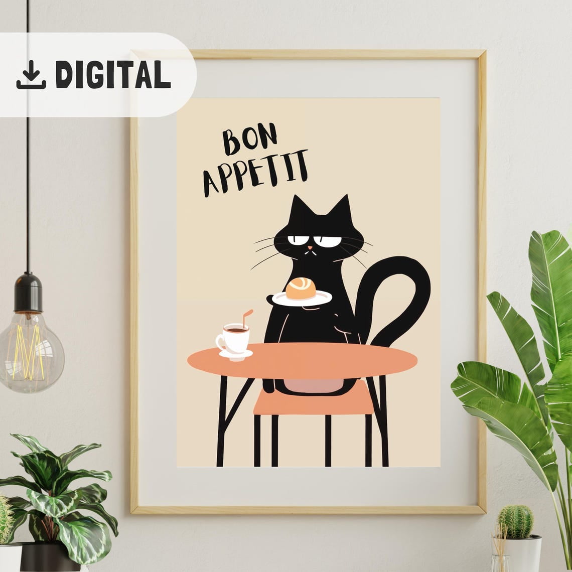 Bon Appetit Poster, Coffee Art, Cat Illustration Wall Art, Kitchen ...