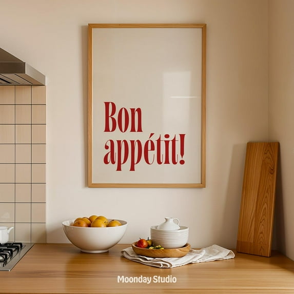 Bon Appetit Poster, Wine Red French Quote Wall Art, Minimalist Retro ...