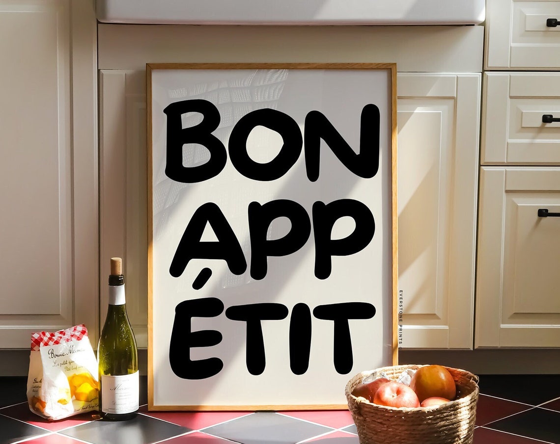 Bon Appetit Print, Kitchen Wall Art, Mid Century Print, French Quote ...