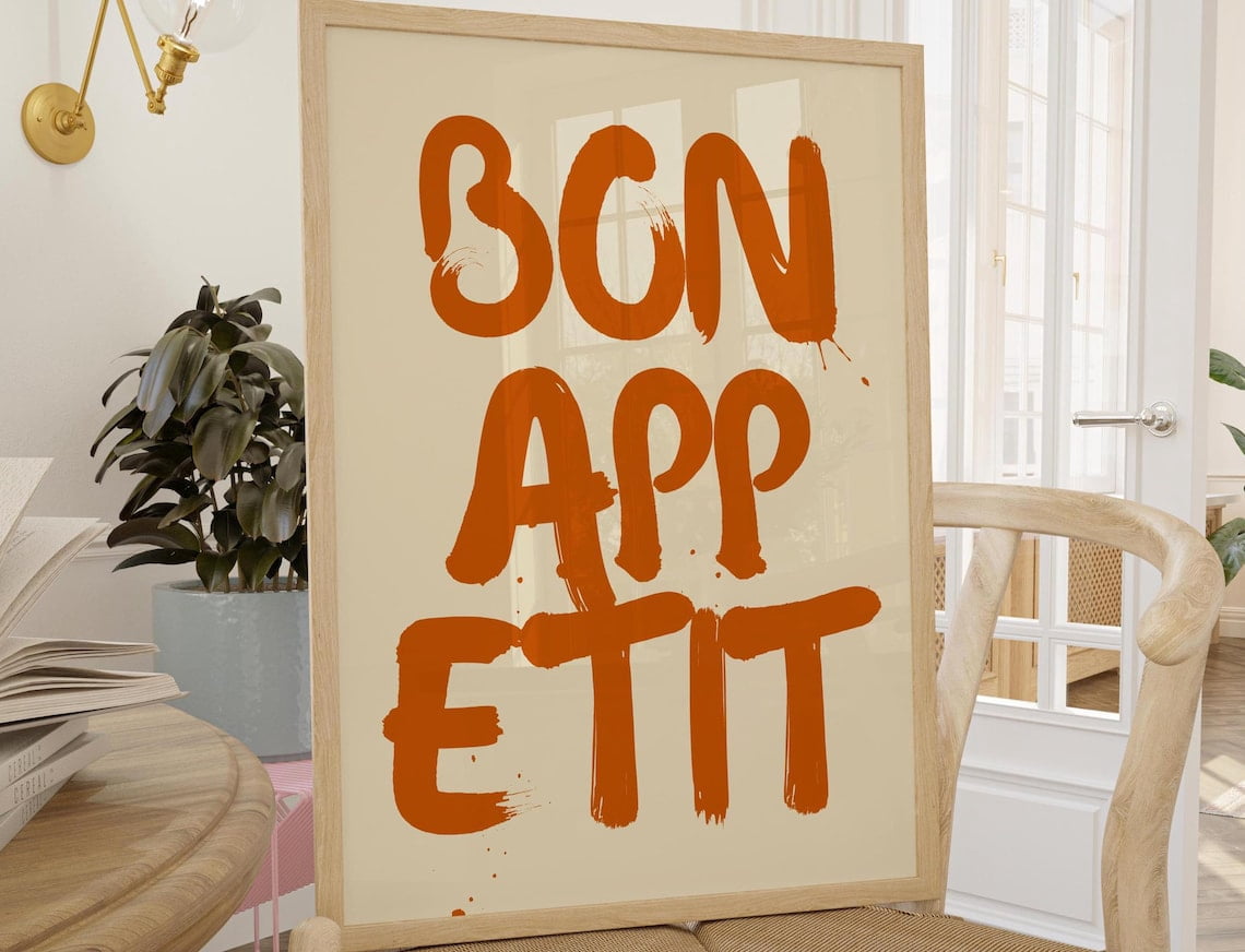Bon Appetit Print Mid Century Modern Kitchen Art, Stretched Canvas ...