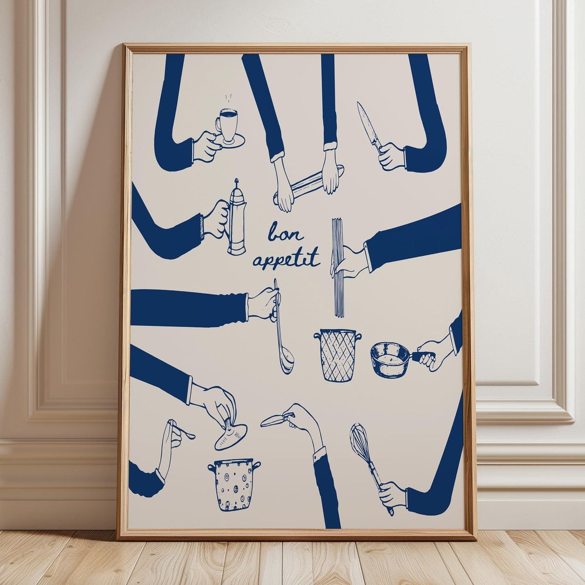 Bon Appetite Navy Blue Retro Kitchen Print, Cooking Hands Print, Food ...