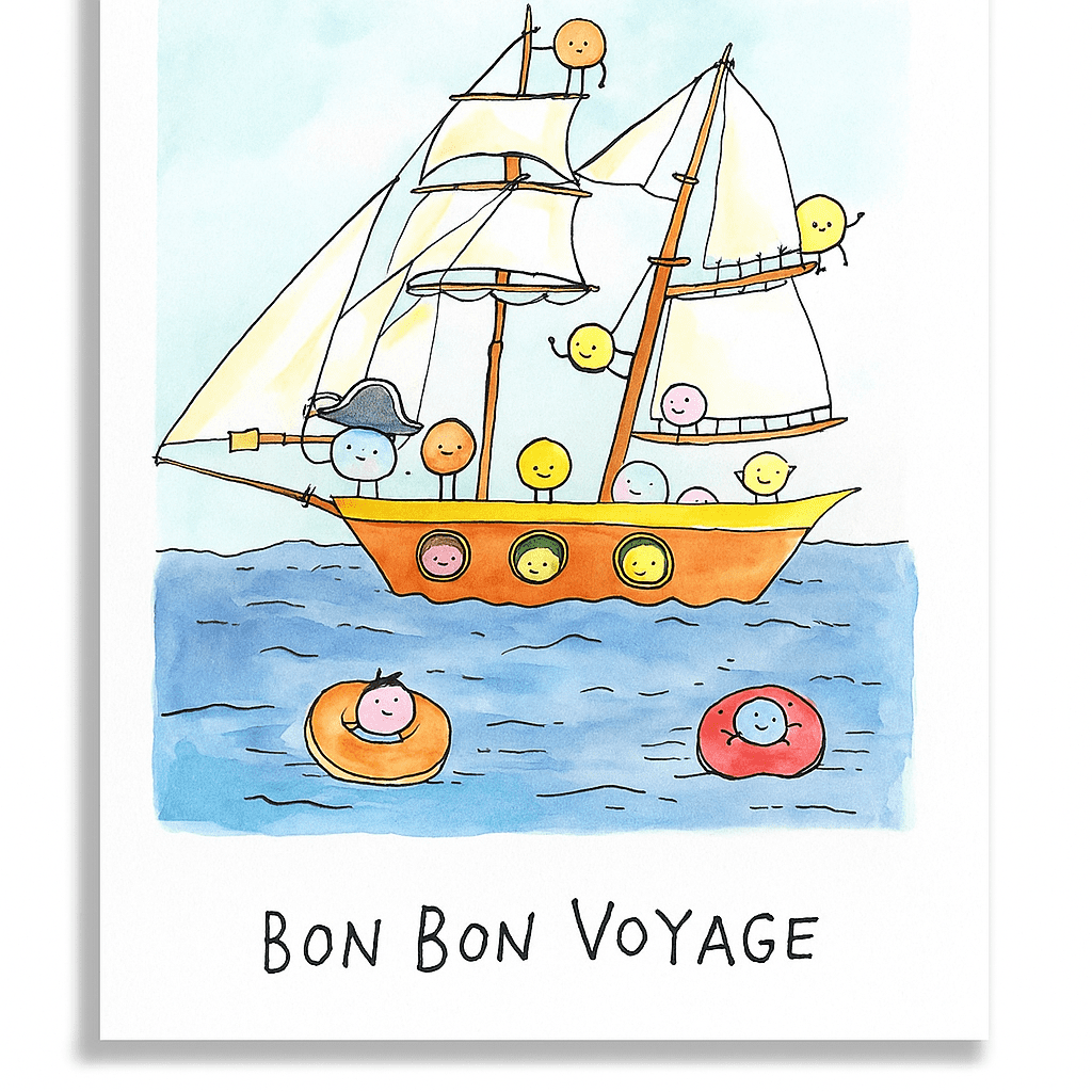 Bon Bon Voyage Card – Cute Cartoon Sailing Ship Design with Colorful ...