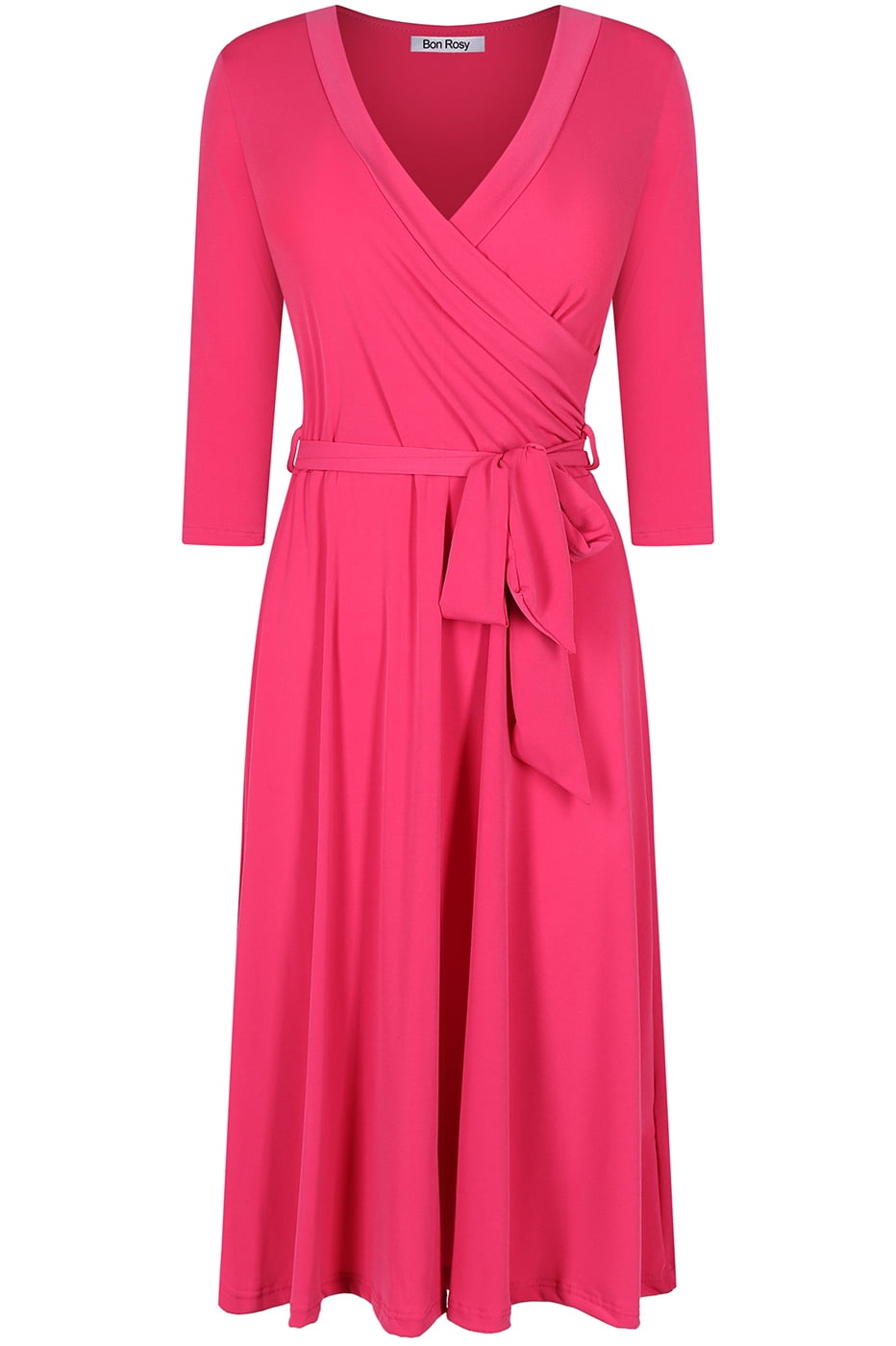 Bon Rosy, Women's, 3/4 Sleeve Faux Wrap Midi Dress Knee Length, Fuchsia ...