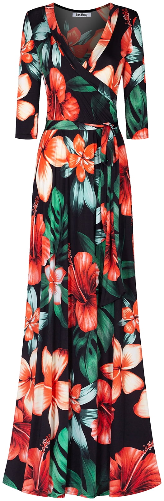 Bon Rosy, Women's, 3/4 Sleeve V-Neck Printed Maxi Faux Wrap Dress ...