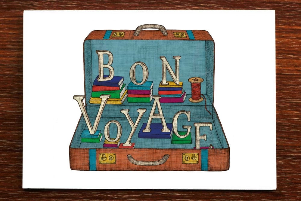 Bon Voyage Card – Illustrated Suitcase Design with Books – Perfect for ...