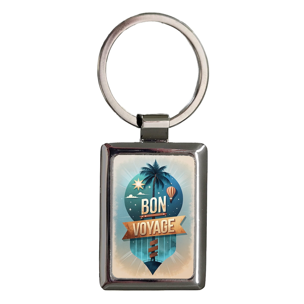 Bon Voyage Vacation Hot Air Balloon Palm Tree Metal Rectangle Keychain ...