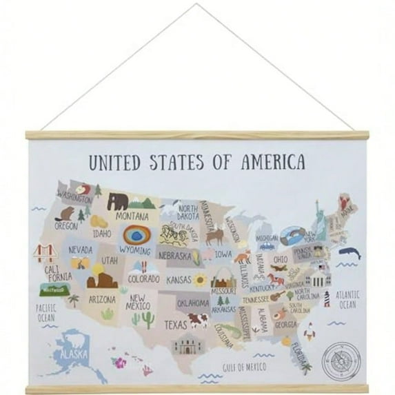 Bon et Beau 32 x 24 Inch Embroidered USA Map Poster for with Wood ...