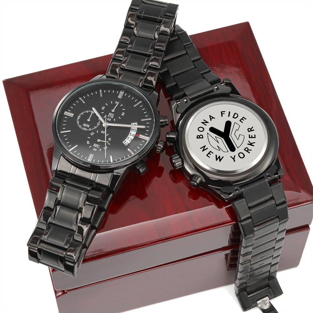 Bona Fide New Yorker NYC Chronograph Watch - Engraved Black Chronograph ...