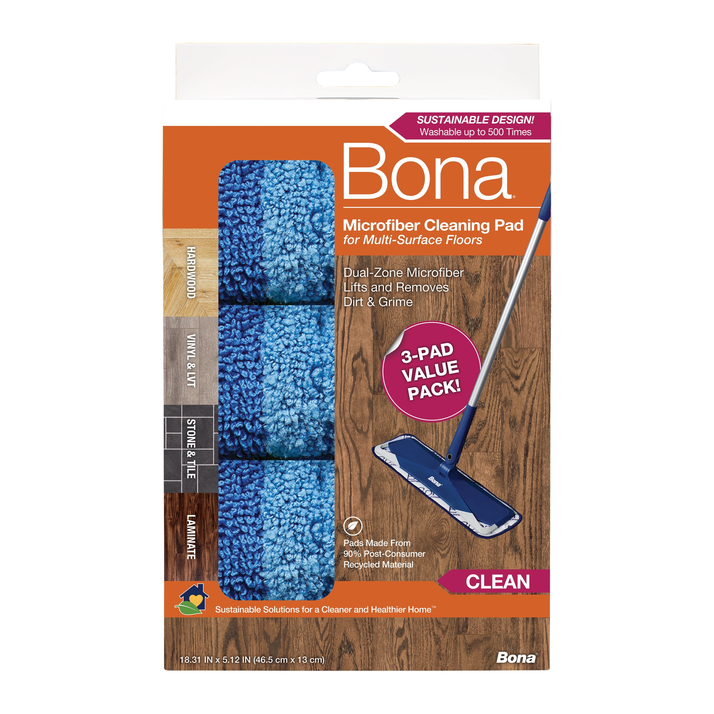 Bona Reusable Mop Refill for Wood & Multi-Surface Floors - 3ct ...