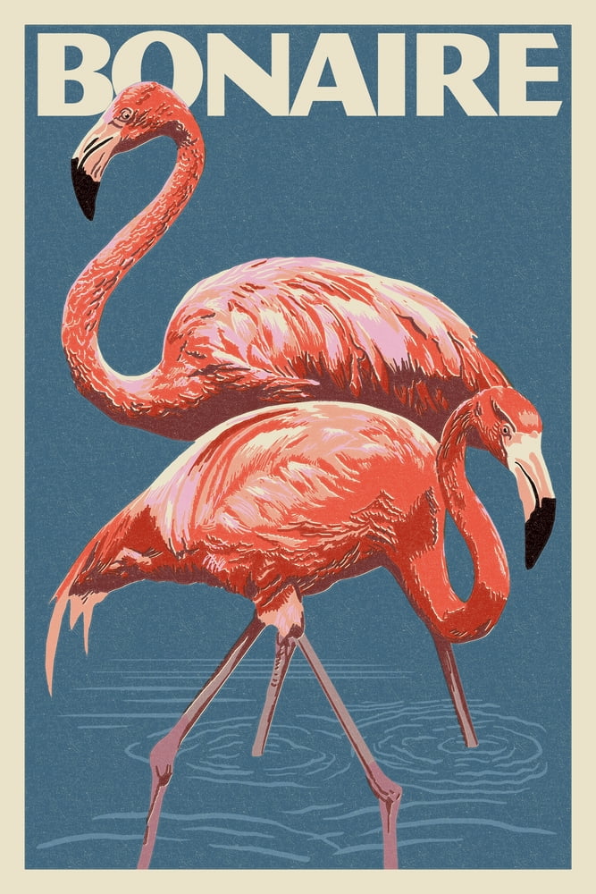 Bonaire, Dutch Caribbean, Flamingo, Letterpress (24x36 Giclee Gallery ...