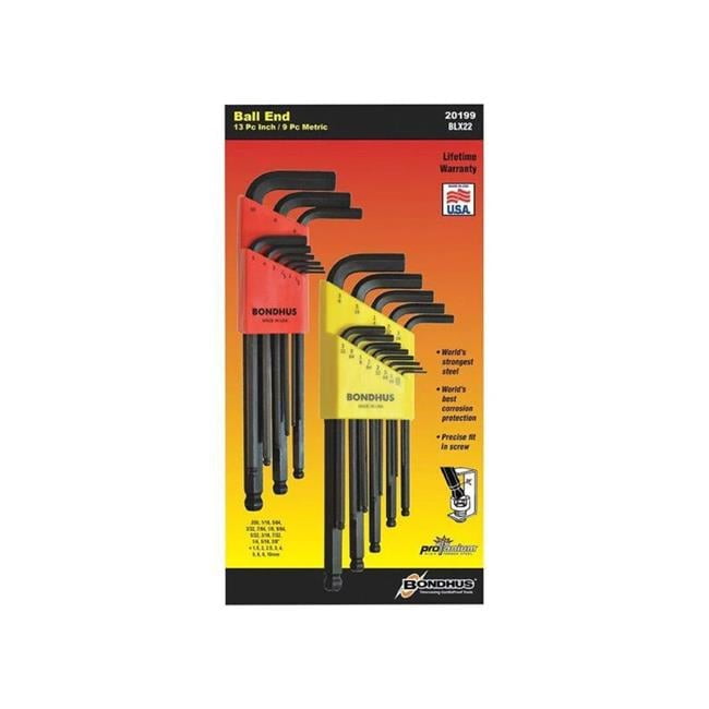 Bondhus Metric & SAE L-Shape Hex Key Wrench Set, 22 Piece, Alloy Steel ...