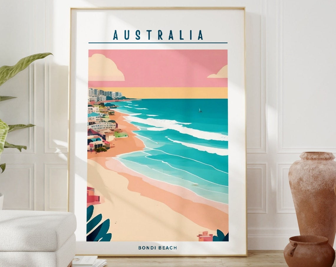 Bondi Beach Travel Print, Pink Travel Poster, Maximalist Wall Art ...