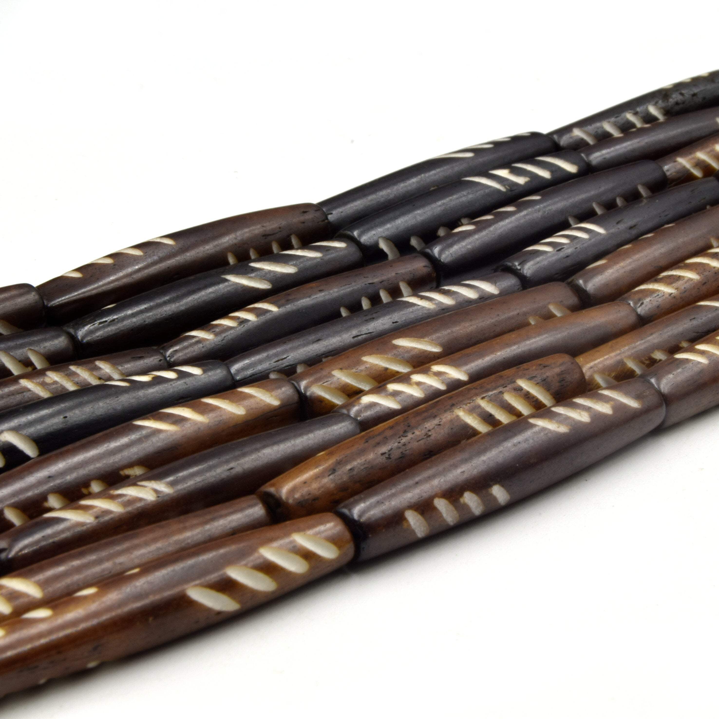 Bone Beads | Carved Ox Bone Tube/Barrel Beads | Medium Brown Dark Brown ...