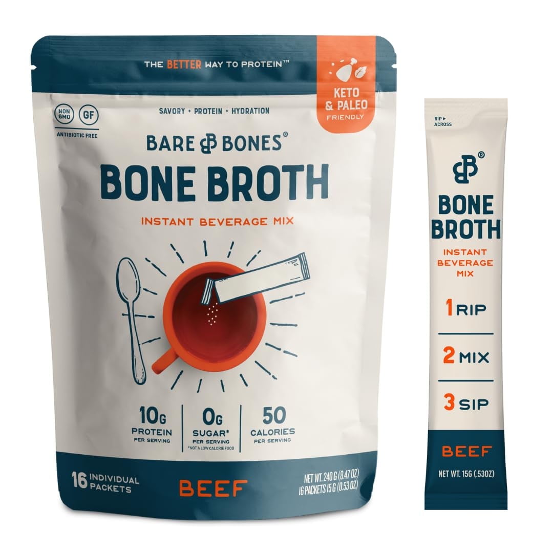 Bone Broth Instant Powdered Beverage Mix, Beef, Pack of 16, 15g Sticks ...