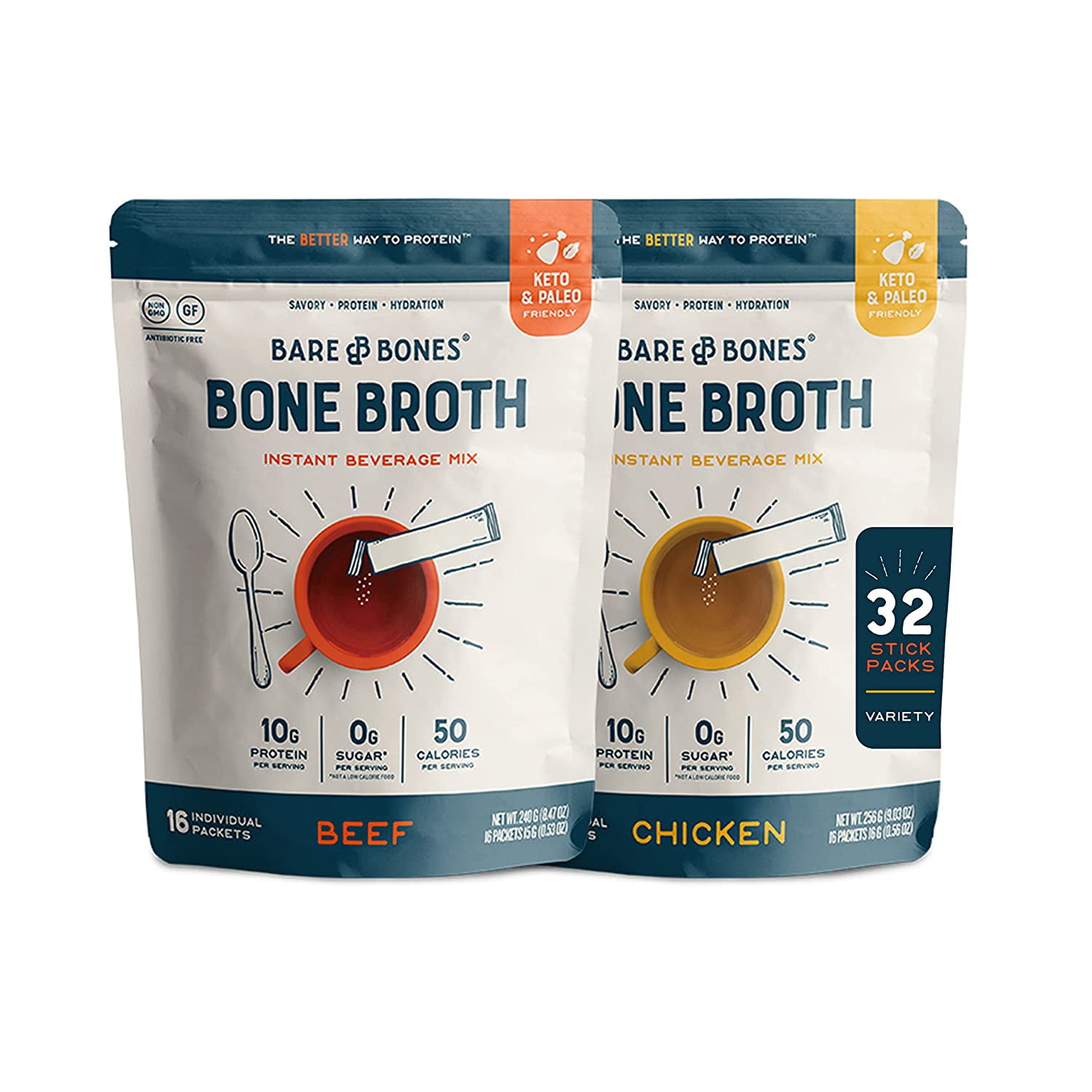 Bone Broth Instant Powdered Beverage Mix, Chicken & Beef, Variety Pack ...