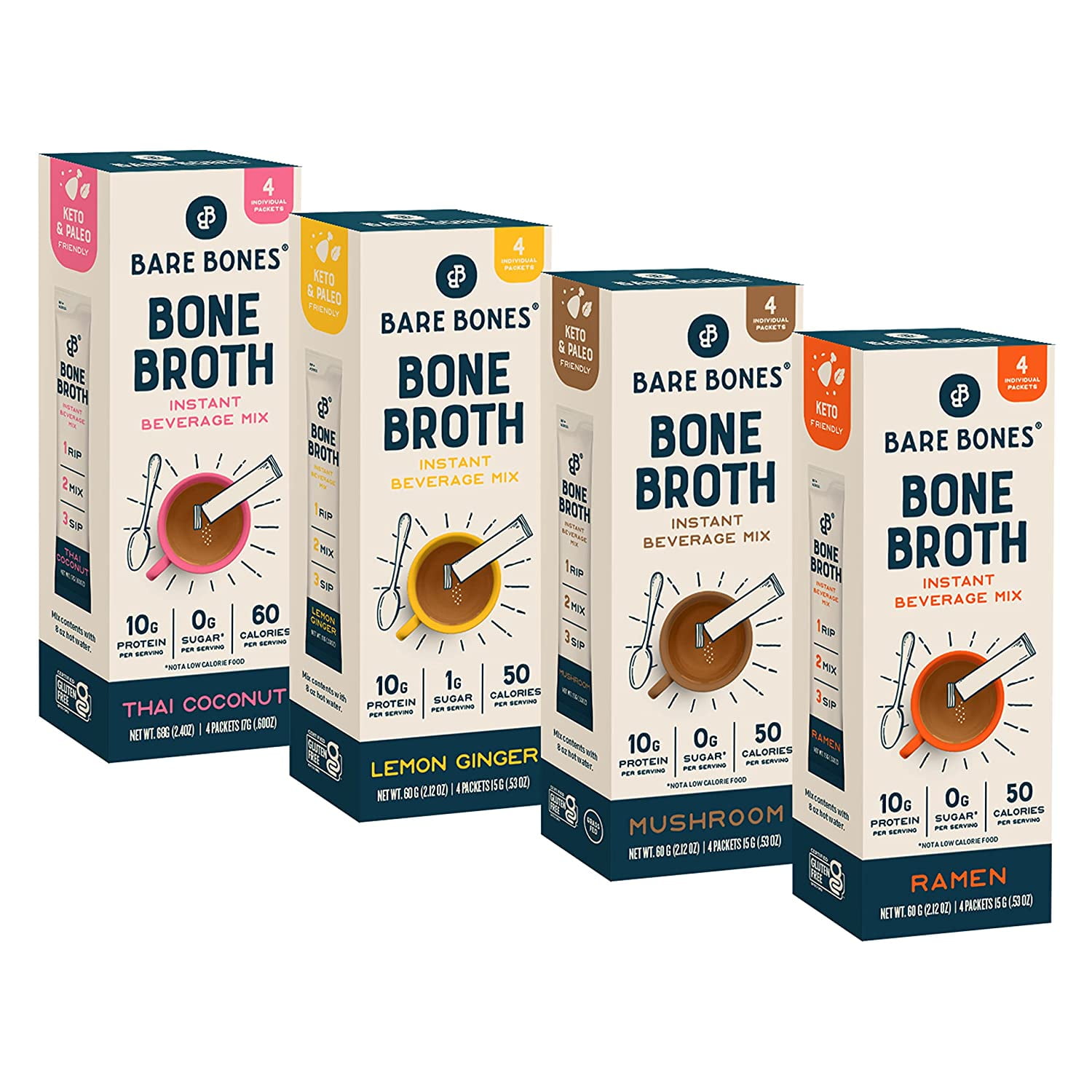 Bone Broth Instant Powdered Mix, Variety Pack, 4 Ramen, 4 Mushroom, 4 ...