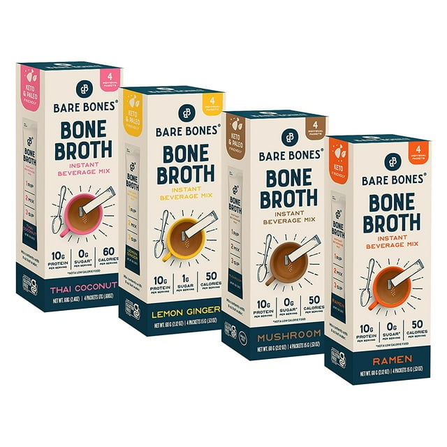 Bone Broth Instant Powdered Mix, Variety Pack, 4 Ramen, 4 Mushroom, 4 ...