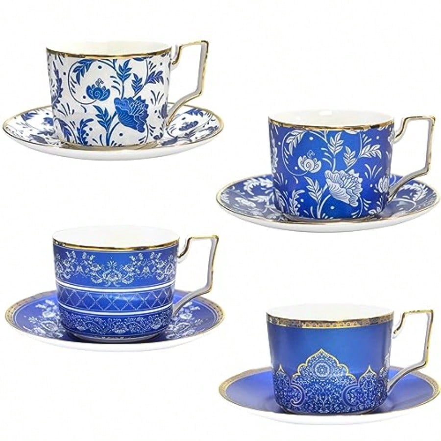 Bone China Tea Cups and Saucers Set of 4 6.8 oz Blue and White Tea Cups ...
