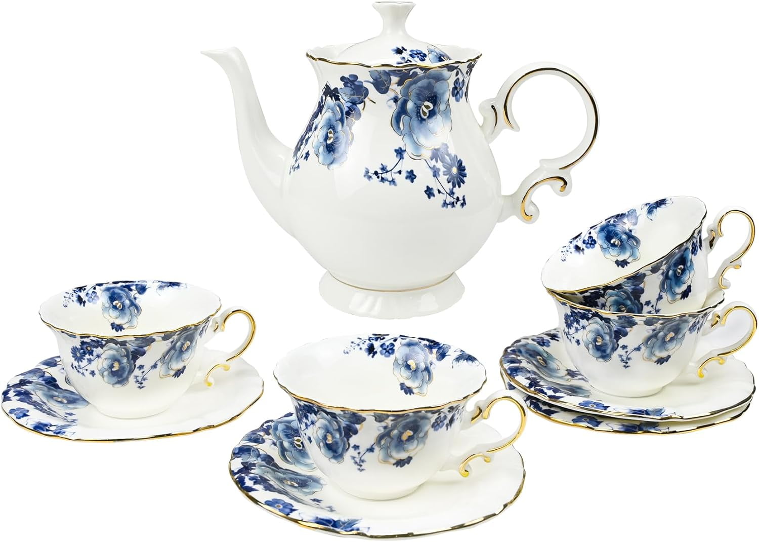 Bone China Tea Set for Adults, 13-Piece Blue and White Porcelain Tea ...