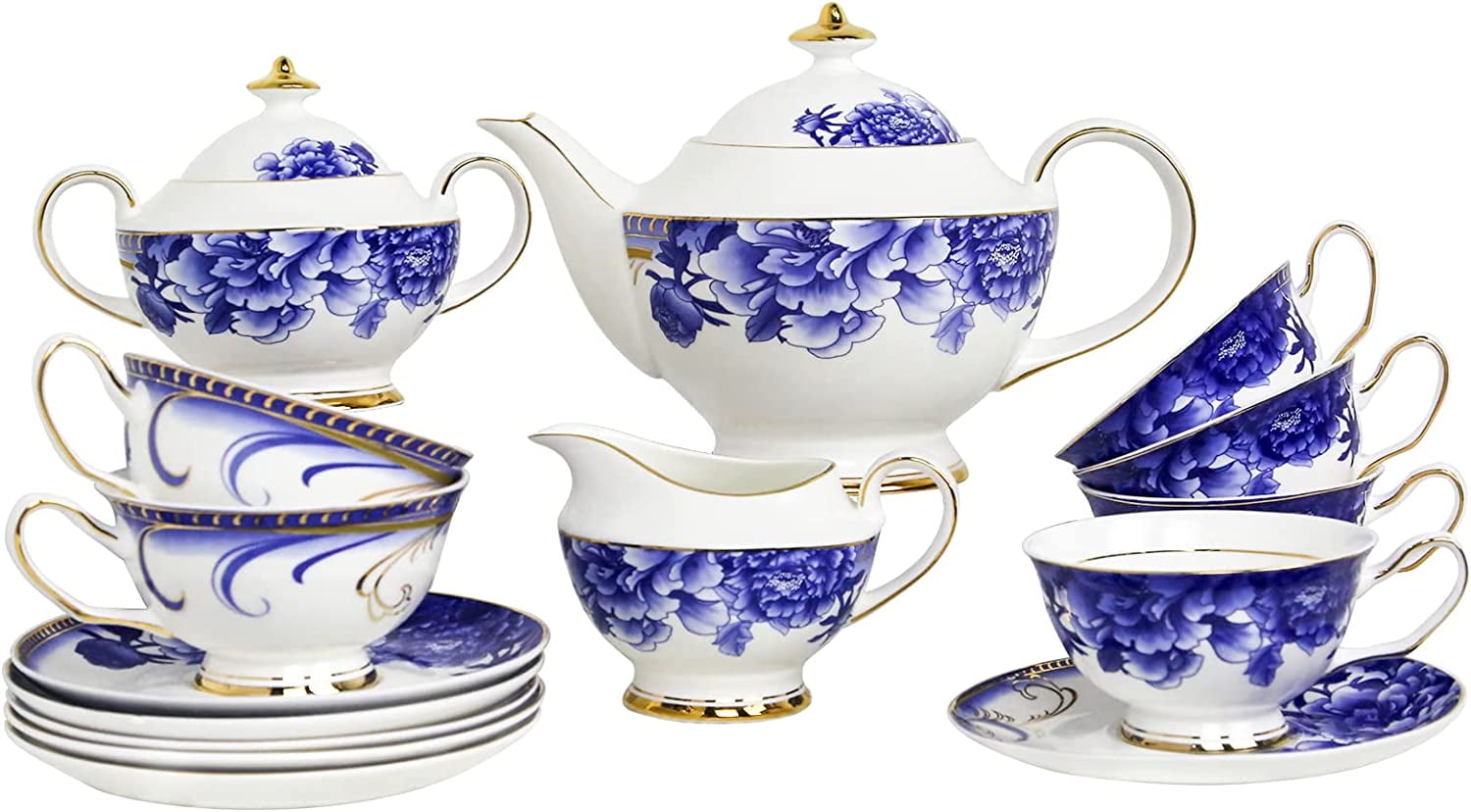 Bone China Tea Set for 6, 21 Piece Tea Set with Teapot, Creamer Pitcher ...