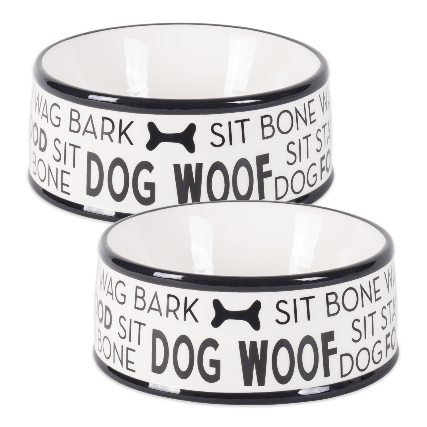 Bone Dry Black & White Dog Bone Ceramic Pet Bowl, 6.25x6.25x2.5", Black ...