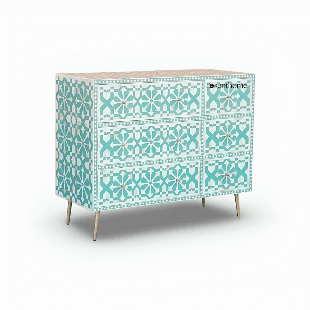 Bone Inlay Chest of Drawers, Turquoise Resin, Geometric Compass Pattern ...
