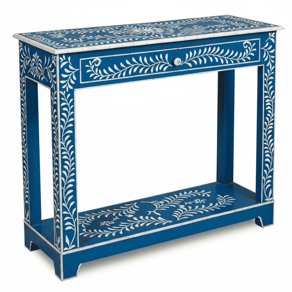 Bone Inlay Console Table,Blue & White Floral Design with 3 Drawers ...