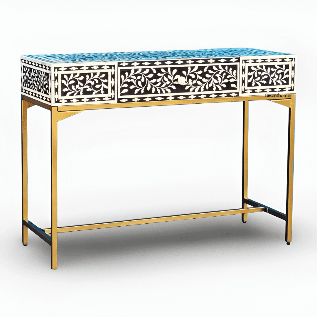 Bone Inlay Console Table – Single Drawer, Black Resin Inlay, Brass Base ...