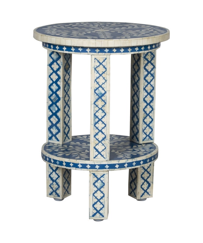 Bone Inlay End Table – Circular Blue Table with Ivory Botanical Vine ...