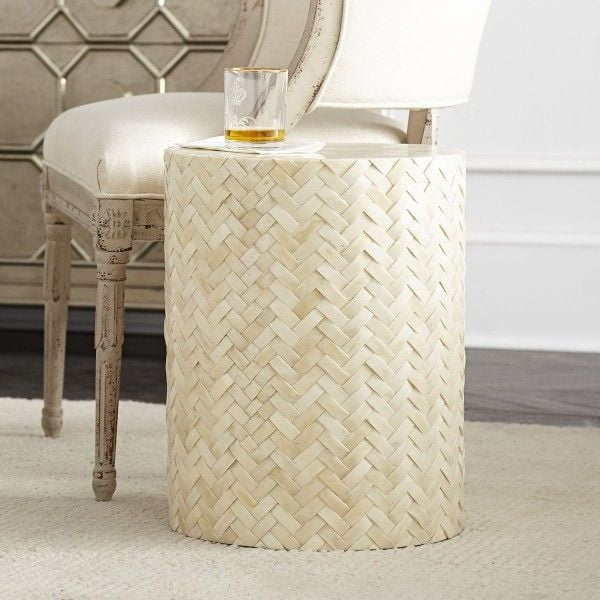 Bone Inlay End Table – Cream Herringbone Pattern in Drum Shape for Boho ...