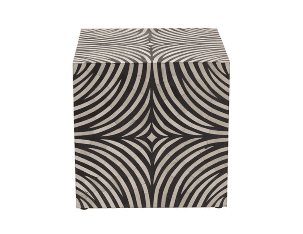 Bone Inlay End Table – Cube Form with Concentric Arc Op Art Pattern ...
