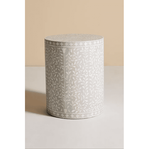 Bone Inlay End Table – Cylindrical Floral Vine Accent Table in Pale ...