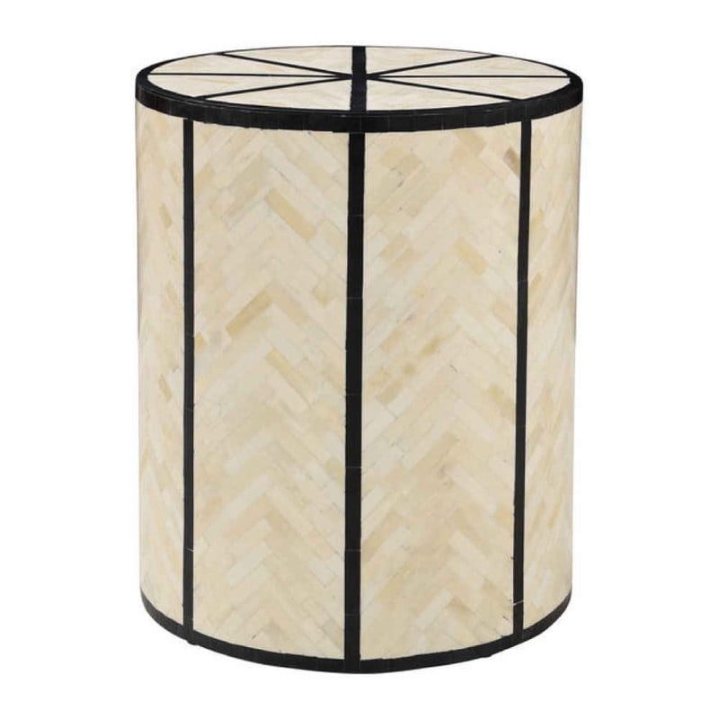 Bone Inlay End Table – Cylindrical Side Table with Herringbone & Black ...