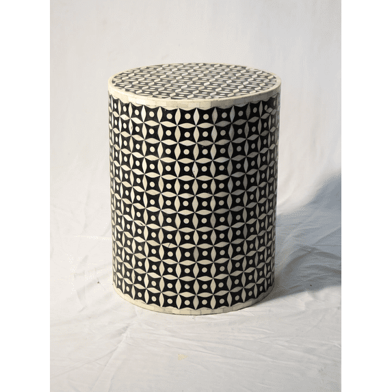 Bone Inlay End Table – Cylindrical Star Pattern Side Table in Black and ...