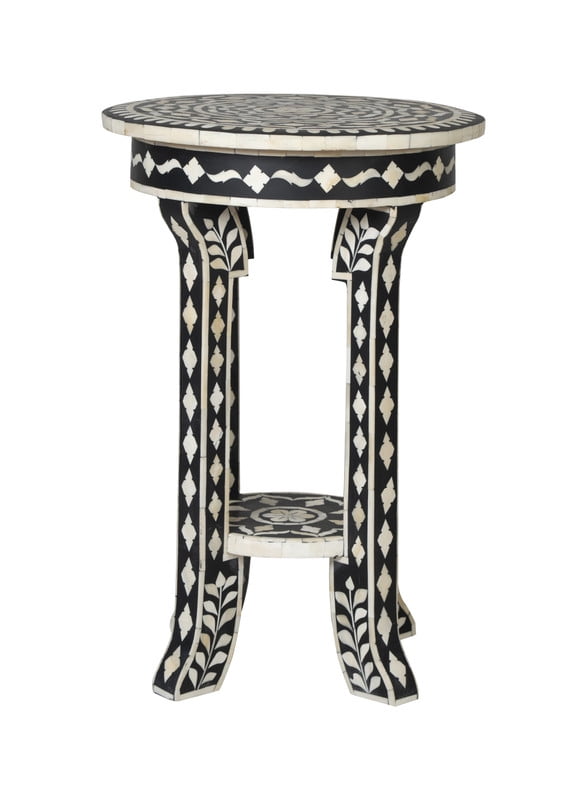 Bone Inlay End Table – Round Floral Medallion Top with Black and Ivory ...