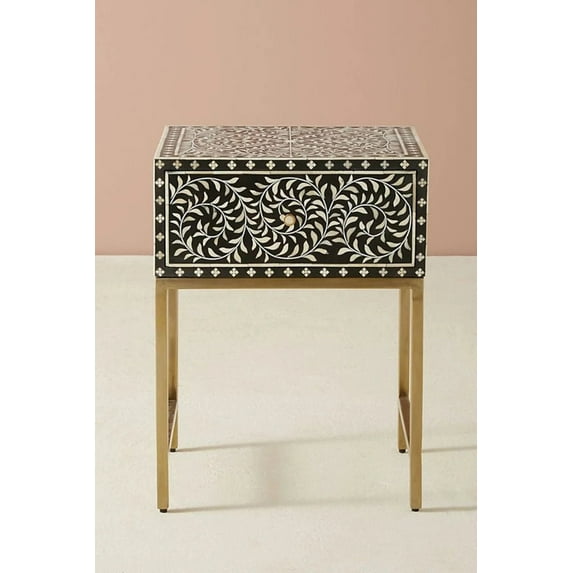 Bone Inlay Floral Bedside Table Black, Bone Inlay Floral Design ...