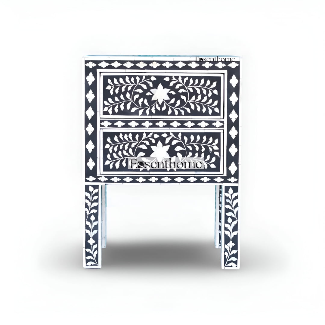 Bone Inlay Nightstand – 2 Drawer Navy Blue Accent Table, 12"x16"x24 ...