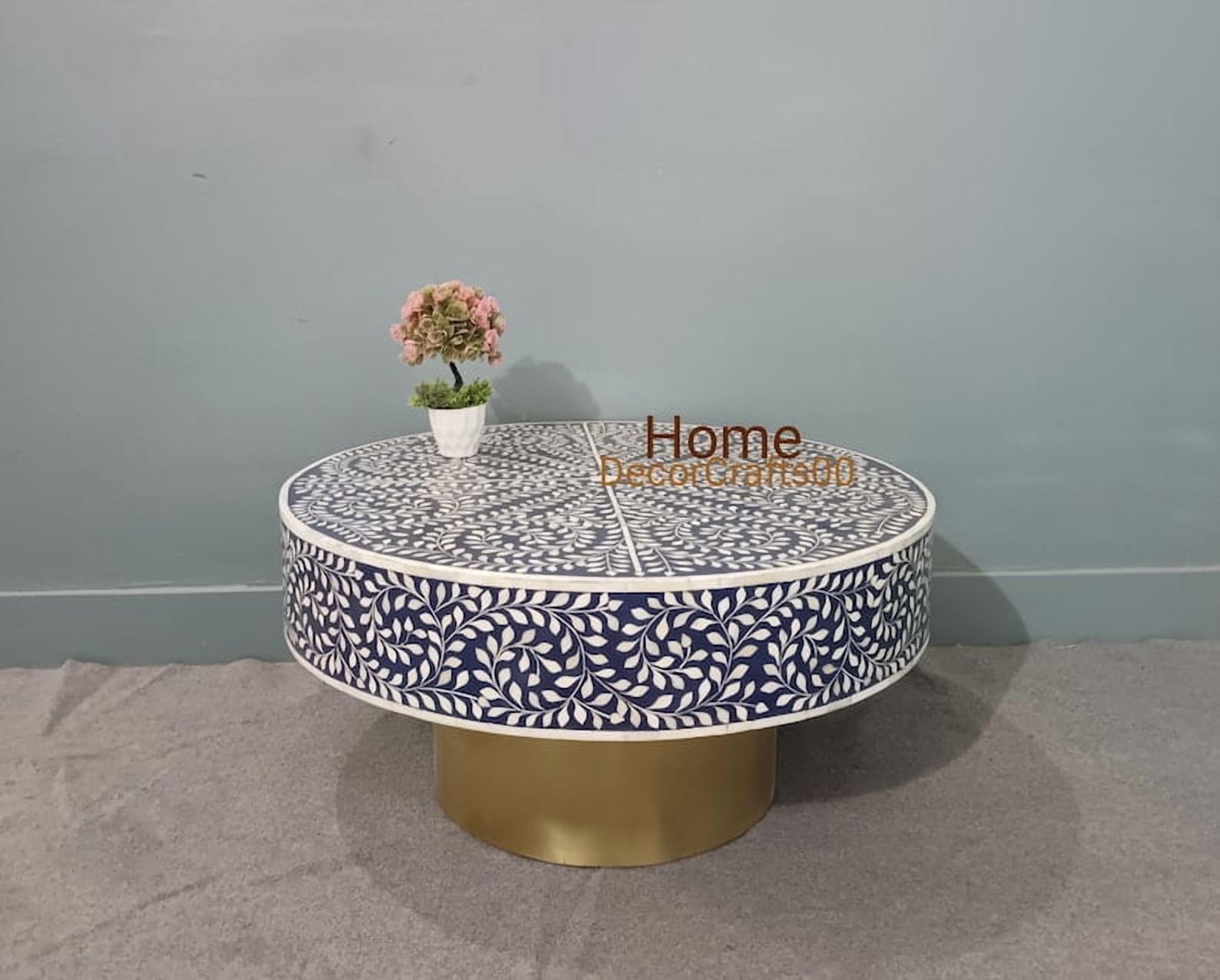 Bone Inlay Round Coffee Table with Brass Base | Handmade Floral Inlay ...