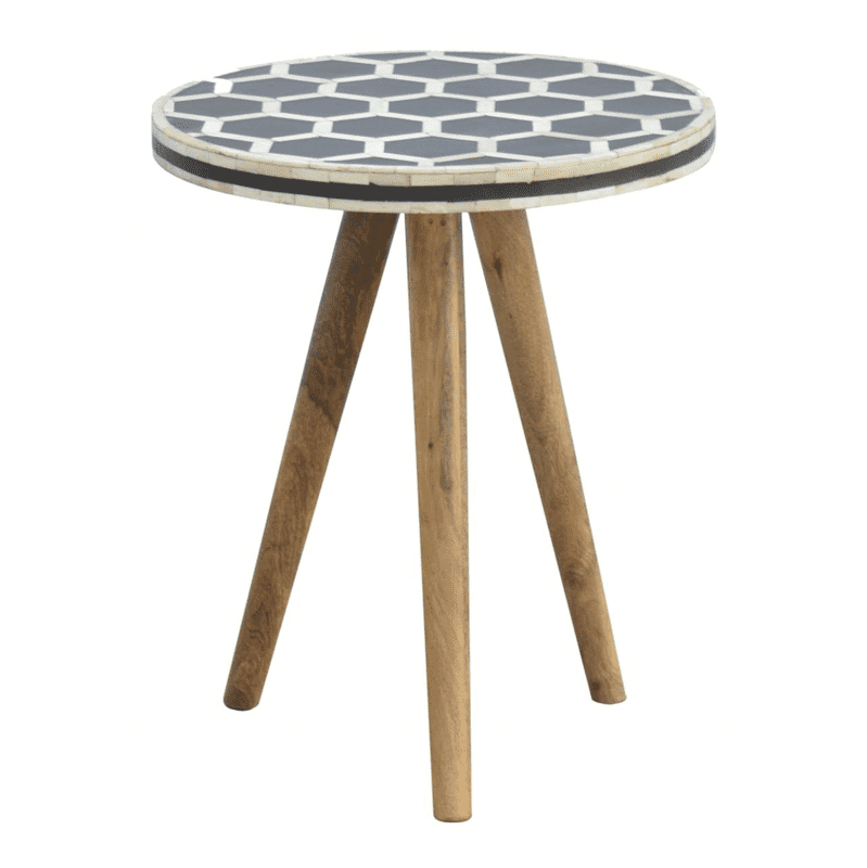 Bone Inlay Round End Table with Honeycomb Design, Black & White Top ...